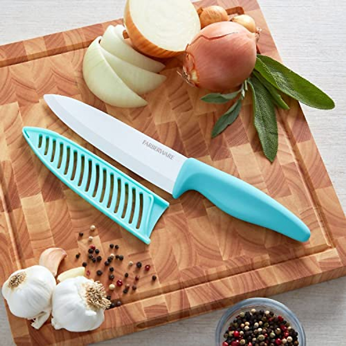 Farberware Ceramic Chef Knife with Custom-Fit Blade Cover, Razor-Sharp Kitchen Knife with Ergonomic Handle, Dishwasher-Safe, 6-inch, Aqua