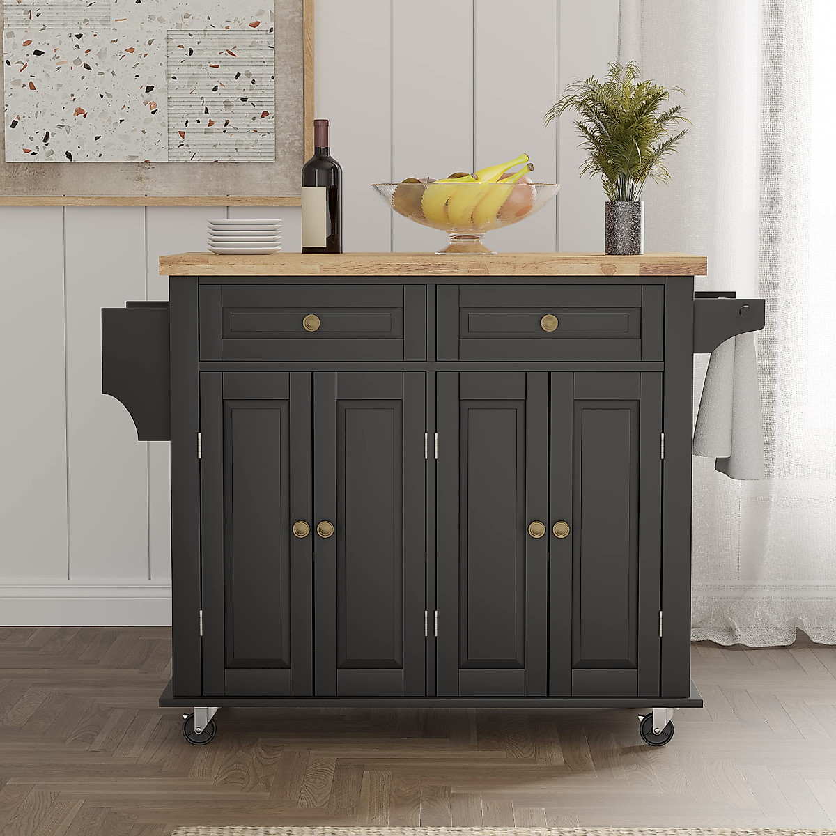 Squireewo Kitchen Cart with Rubber Wood Top Breakfast Bar, Rolling Mobile Kitchen Island Table on Wheels with Drawer and Storage Cabinet, Spice Rack, Towel Rack, Black