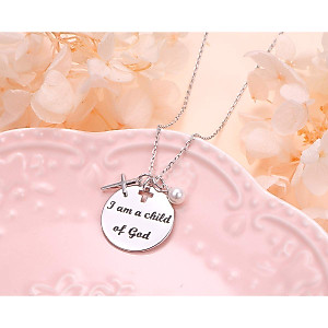 DAOCHONG Easter Gift Religious Jewelry 925 Sterling Silver I Am a Child of God Laser Engraved Round Plate Pendant Necklace with Cross Charm, 18 + 2 inches
