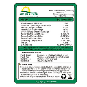 SUNER POWER 12V Waterproof Solar Battery Trickle Charger & Maintainer - 10 Watts Solar Panel Built-in Intelligent MPPT Solar Charge Controller + Tubular Mount Bracket + SAE Connection Cable Kits