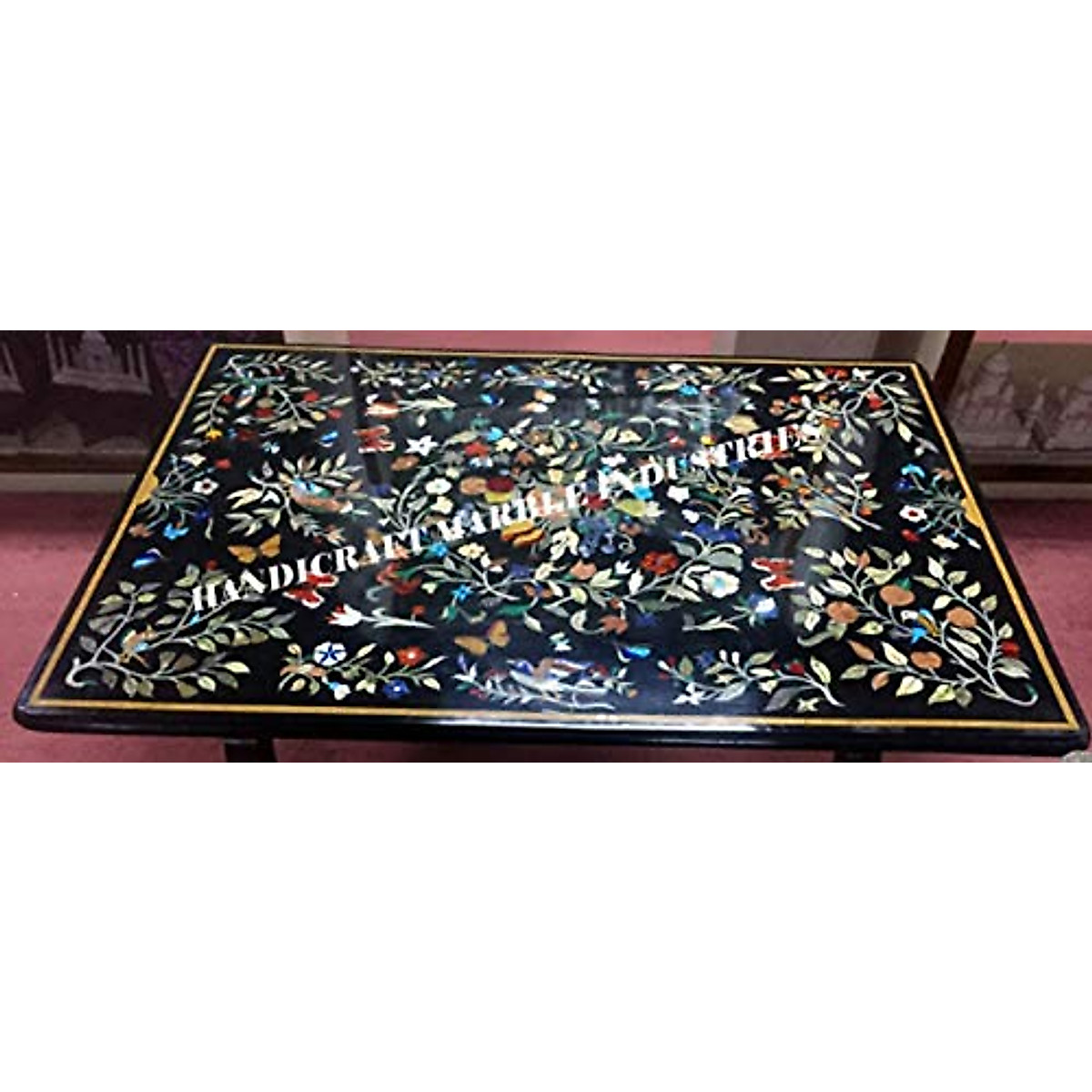 48" x 30" Inch Black Marble Dining Table Top Birds, Butterflies, Fruits and Flowers Marquetry Inlay Design Outdoor Decor, Indoor Decor Table