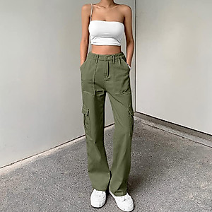 Cargo Pants Women Cute Pants Baggy Straight Wide Leg Pants with Pockets Y2k Streetwear Army Green