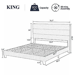 Allewie King Size Platform Bed Frame with Fabric Upholstered Headboard and Wooden Slats Support, Fully Upholstered Mattress Foundation/No Box Spring Needed/Easy Assembly, Navy Blue