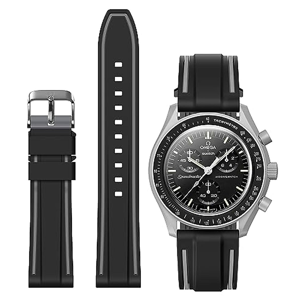 Stanchev Bands for Moonswatch Watch,Soft Silicone Strap Compatible with Omega x Swatch MoonSwatch Speedmaster 20mm Watch,Quick Release Waterproof Replacement Strap for Swatch Omega Men Women (Black)