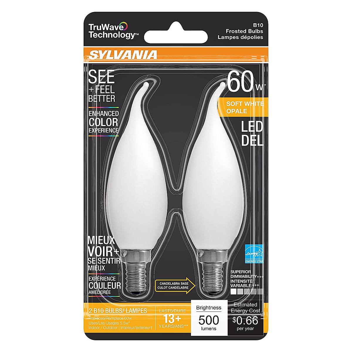 SYLVANIA LED TruWave Natural Series Décor B10 Light Bulb, 60W Equivalent Efficient 5.5W, 500 Lumens, Candelabra Base, Dimmable, Frosted, 2700K, Soft White - 2 pack (40781)