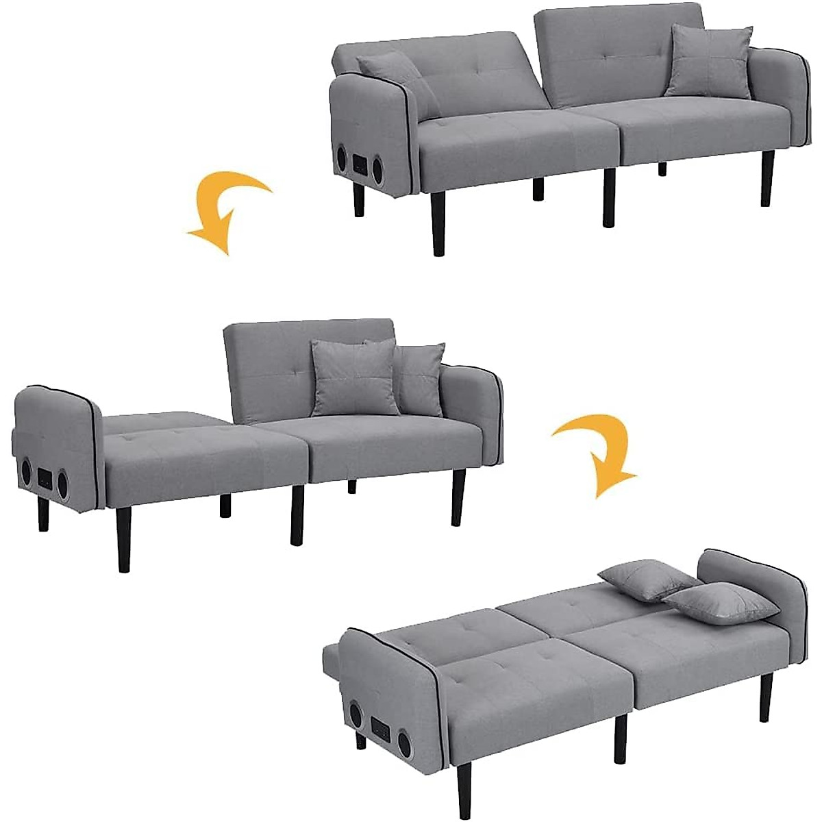 MWrouqfur 76" Convertible Folding Futon Sofa Bed with Bluetooth Speaker,Modern Linen Fabric Upholstered Sleeper Couch Bed,Recliner Loveseat with Armrest and 2 Pillows for Living Room,Bedroom,Office