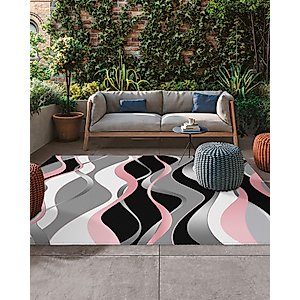 Pink Black Outdoor Rugs for 6'x9' Patios Clearance, RV Camping Mat Rug Portable Outside Rug Indoor Outdoor Area Rug Mat for Beach Deck Pool Geometric Contemporary Grey White Stripe