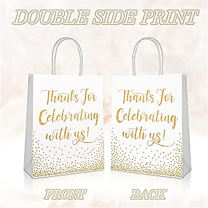 Queekay 80 Pcs Gold Wedding Welcome Bags for Hotel Guests Bulk Thanks for Celebrating with Us Paper Bags Gold Foil Kraft Paper Bags with Handles for Wedding, Baby Shower, Birthday (10 x 8 x 3 Inch)
