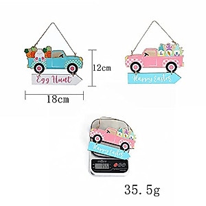 Kylo's Korner 2 Pack Happy Easter Hanging Wooden Signs Egg Hunt Decorations Ornament Wall Plaque Party Door Hanger Bunny Truck Pink and Blue, 18CM Length 12CM Height