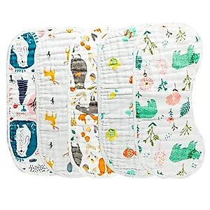GROBRO7 5Pcs Baby Muslin Burp Cloths Burping Bids for Baby Cotton 6 Layers Extra Absorbent Machine Washable Soft Large Cartoon Face Towels Nursery Gift Gentle for Newborn Girls Boys 9x23inch