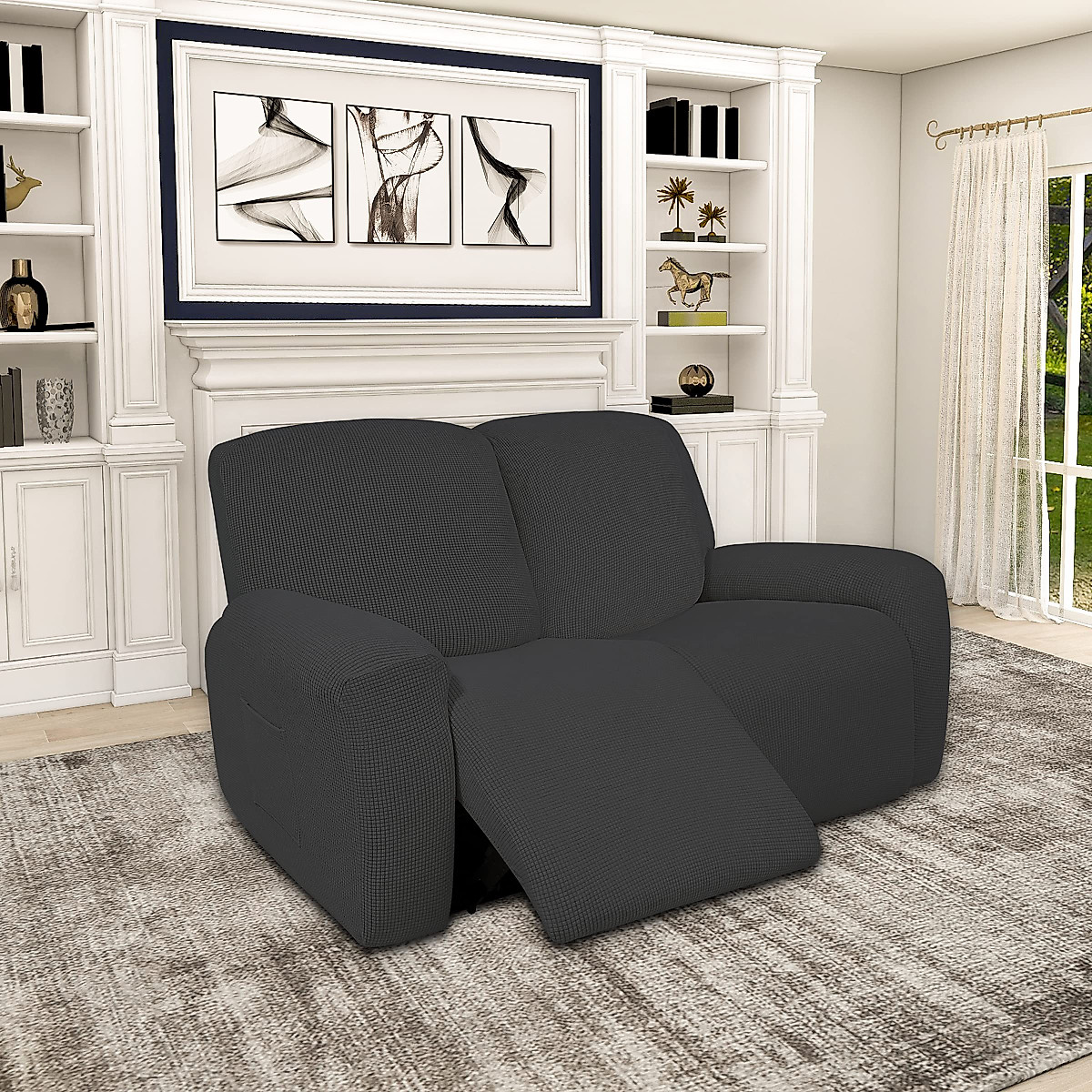 Easy-Going 100% Dual Waterproof Recliner Loveseat Cover, 6-Pieces Stretch Relining Sofa Cover with Pocket, Jacquard 2 Seat Sofa Slipcover Leakproof Washable (Loveseat, Dark Gray)