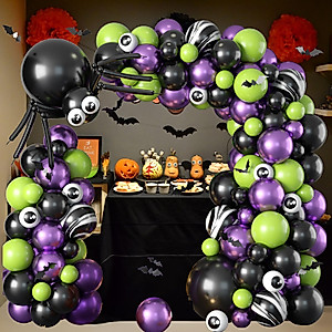 Halloween Balloons Garland Arch Kit Black Purple Green Lime Fruit Green Latex Balloon Metallic Purple Agate Black Long Balloons White Eye Balloons for Halloween Spider Party Decorations