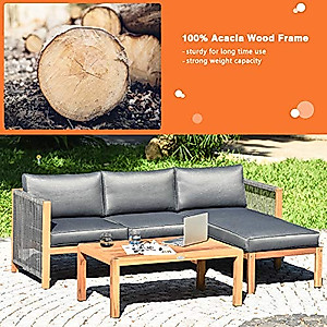 Giantex 3 Piece Outdoor Patio Furniture Set, Acacia Wood Sectional Sofa w/Seat Cushions, Wooden Conversation Seat Couches and Coffee Table, Cushioned Garden Sofa Set for Outdoor Indoor (Grey)