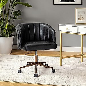 HULALA HOME Modern Faux Leather Office Chair with Gold Metal Base, Home Desk Chair with Channel Barrel Back, Height-Adjustable Swivel Computer Task Chair for Study Bedroom Living Room, Black