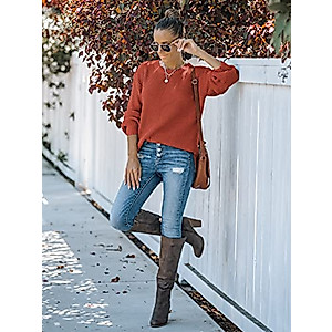 MEROKEETY Women's 2023 Casual Fall Waffle Knit Sweater Long Balloon Sleeve Loose Pullover Jumper, Rust, M