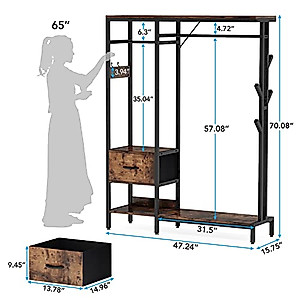 Tribesigns Freestanding Closet Organizer, Clothes Rack with Drawers and Shelves, 6 Hooks, Hanging Rods, Heavy-duty Garment Rack Wardrobe Closet Clothing Storage for Bedroom, Rustic Brown