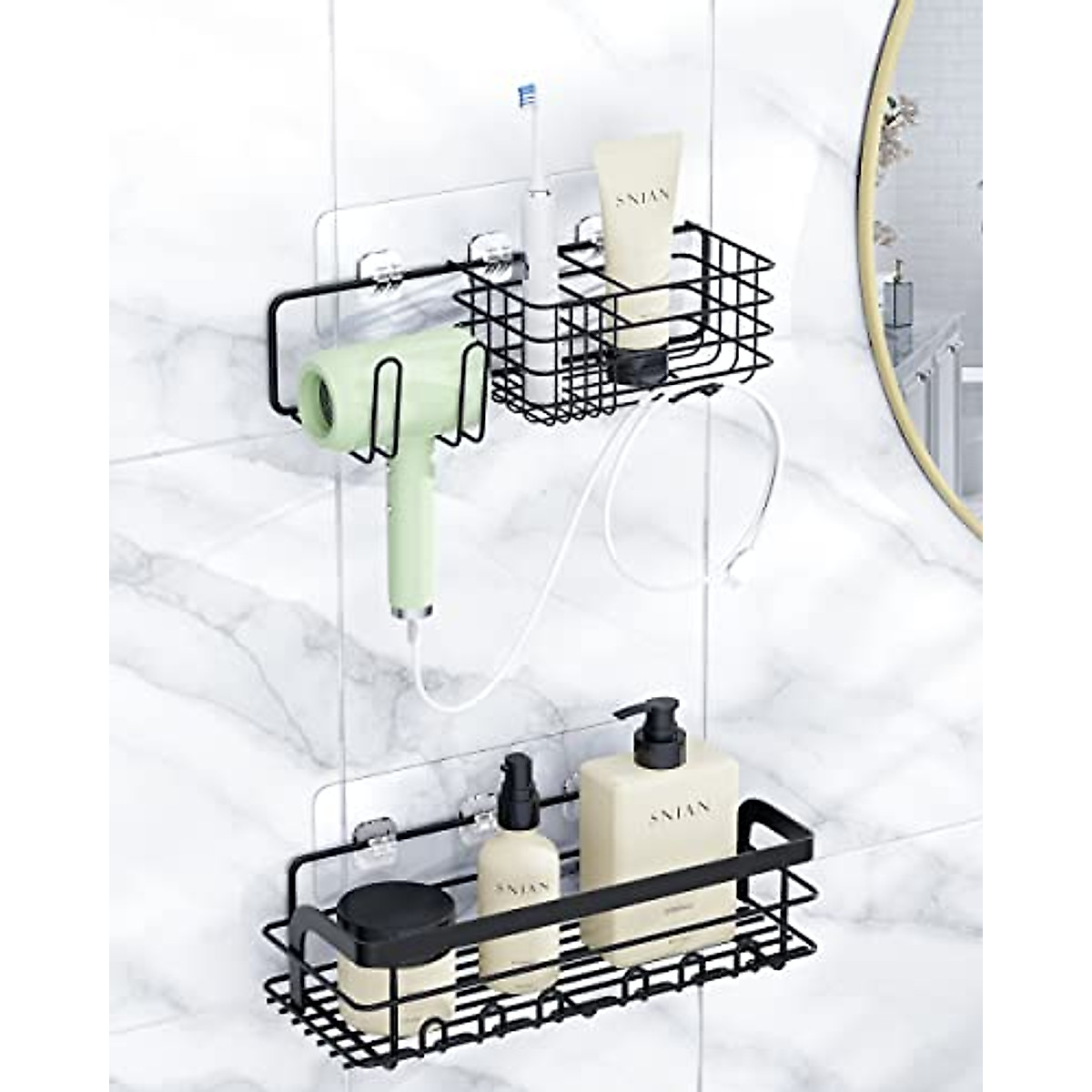 Black Shower Caddy, 4 Packs Self Adhesive Shower Shelves, Bathroom Shower Organizer with 8 hooks, No Drilling Rustproof Stainless Steel Shower Shelf for Inside Shower Wall