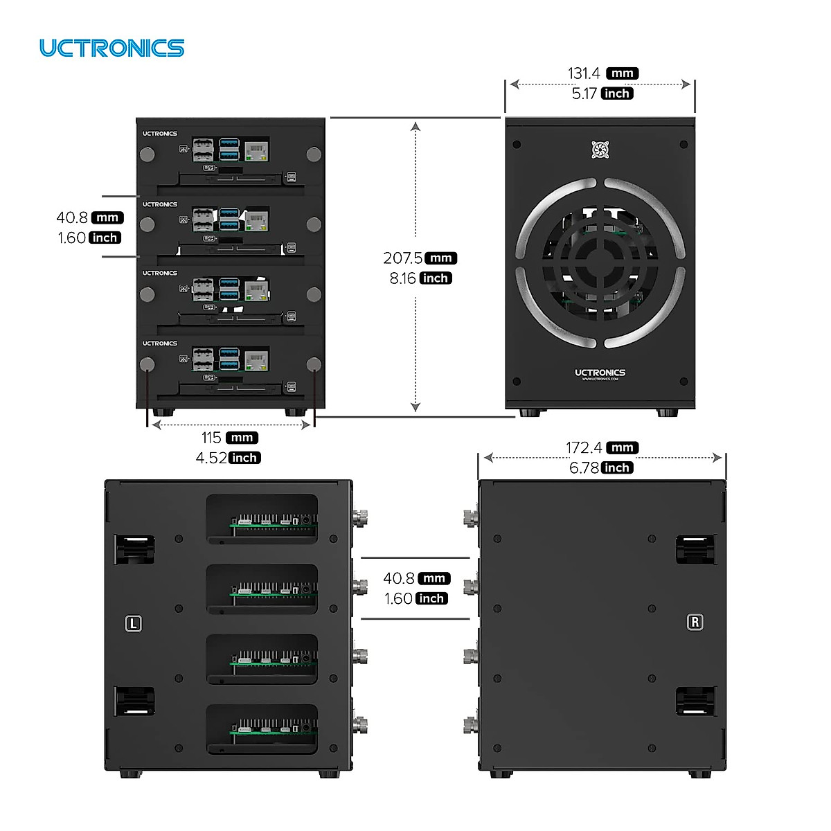 UCTRONICS Desktop Cluster Enclosure for Raspberry Pi, Up to 4 Pis and 2.5" SSD, Front Removable Trays, 12cm LED Cooling Fan for Raspberry Pi 5/4B/3B+/3B