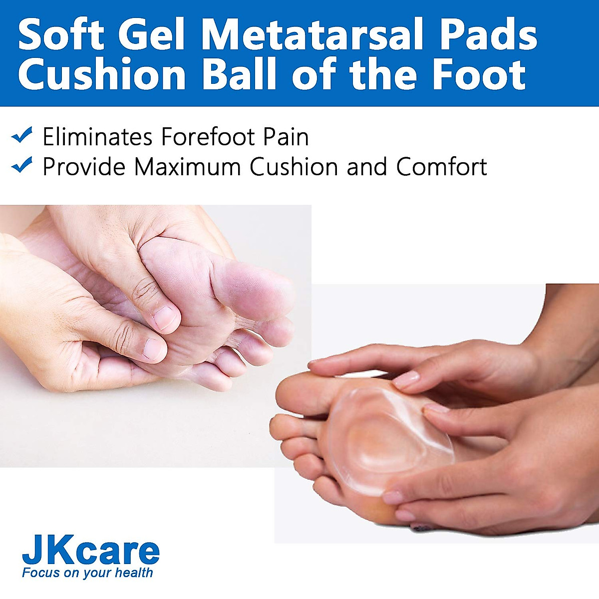 JKcare Gel Metatarsal Pads (Adhesive-Backed), Ball of Foot Cushions, Forefoot Support for Metatarsalgia, Morton’s Neuroma, Aching Feet Pain Relief- 6 Pack