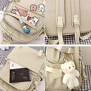 Kawaii Backpack for Teen Girls Aesthetic Student Bookbags with Cute pin bear pendant harajuku school nylon waterproof (black)