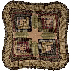 VHC Brands Tea Cabin Quilted Pillow 16x16 Country Rustic Bedding Accessory, Moss Green and Deep Red