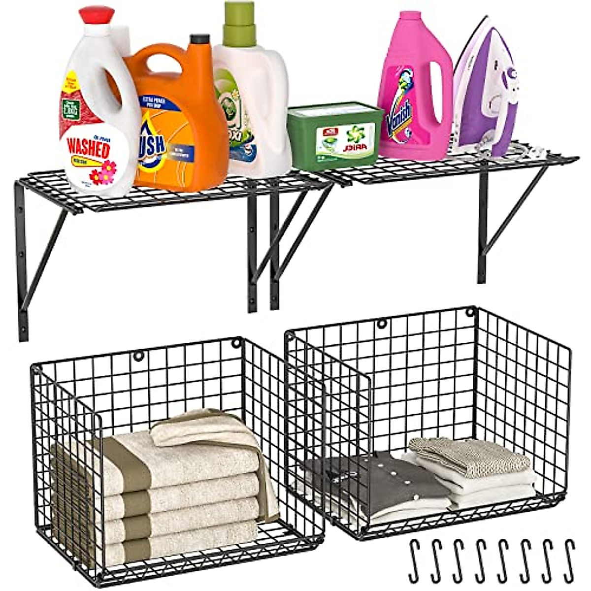 2 Pack Laundry Room Shelves Wall Mounted with Wire Baskets, Over the Washer and Dryer Shelf with Clothes Drying Rack, 8 Hooks, Wire Shelves Baskets for Laundry Closet Organization and Storage, Black