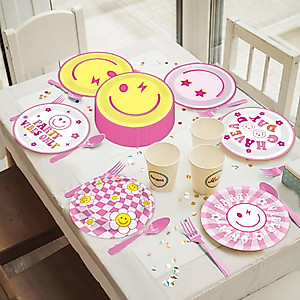 48PCS Preppy Party Supplies 7inch Pink Smile Face Paper Plates Preppy Smile Face Party Tableware Set Pink Preppy Plates for Baby Shower Birthday Y2k Party Decorations