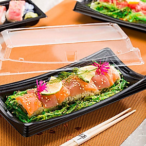 Restaurantware Roku 9.75 x 4.75 Inch Sushi Trays 100 Disposable Sushi Containers With Lids - Long Take Out Containers For Appetizers Entrees or Desserts Black Plastic To Go Containers
