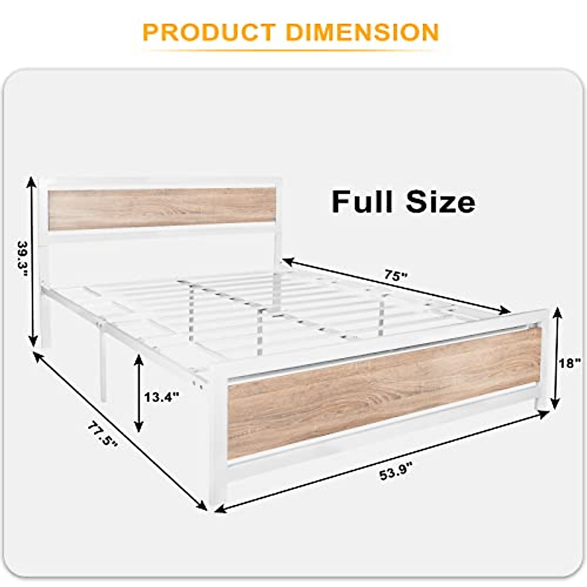 Bed Frame with Industrial Wooden Headboard and Footboard Strong Metal Support Frame Noise-Free No Box Spring Needed (White, Full)