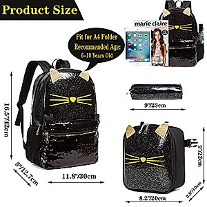 Meetbelify Backpack for Girls Backpacks Kids Sequin Bookbag for Elementary Preschool Student Laptop Bag with Lunch Box 16inch Cat