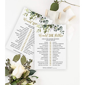 Printed Party Bridal Shower Games – Would She Rather Game with Fun Bride-to-Be Trivia, Wedding Shower Activity, Botanical Eucalyptus Theme, 50 Guests