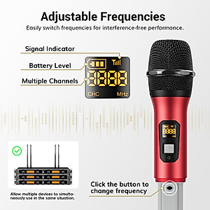 TONOR Wireless Microphones System with 4x10 Channels Dynamic Handheld Mics 4 Antennas for 295FT Long Distance Mic with Adjustable Frequencies Auto Connect for Singing Party Church Karaoke, Silver&Red
