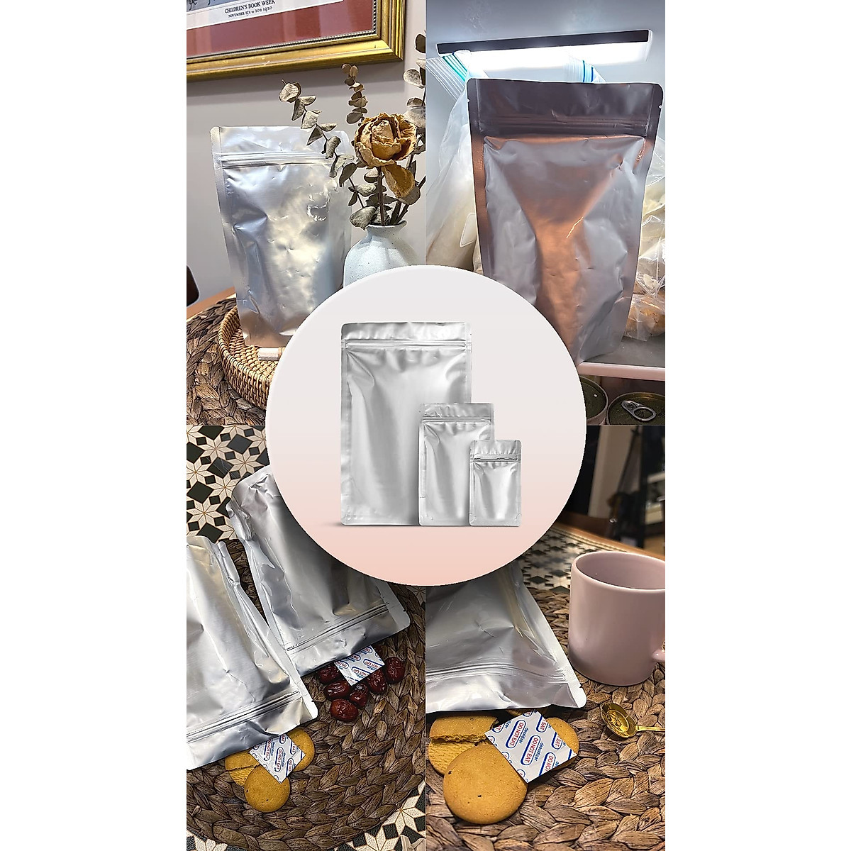 100 Mylar Bags For Food Storage - 10 mil 1 Gallon (25pc), 8 mil 1 Quart (35pc, 6 mil 1/2 Pint (40pc, Stand Up Resealable Mylar Bags With Oxygen Absorbers 300CC Packing Ziplock Sealable Milar Myler Bag