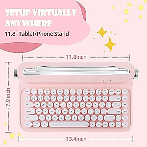 PolaTab ACTTO Retro Bluetooth Wireless Keyboard, 84 Keys Typewriter Style Keyboard with Built-in Stand for iPad, Tablet, iPhone, Smart Phone, PC, Connect up to 3 Devices (B305, Baby Pink)