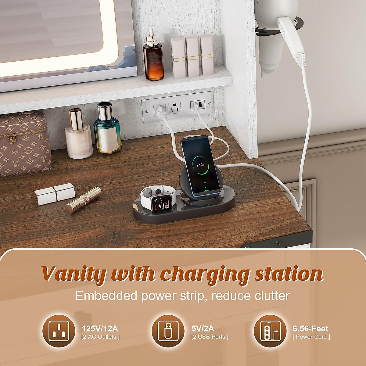 Farmhouse Makeup Vanity with Mirror and Lights,37" Wide Vanity Desk with Power Strip,Vanity Table with 3 Drawers and Cabinets,3 Color Modes & Adjustable Brightness, Dressing Table for Bedroom