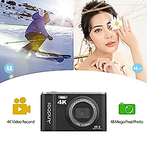 Andoer Portable Digital Camera 48MP 4K 2.8-inch IPS Screen 16X Zoom Self-Timer 128GB Extended Memory Face Detection Anti-Shaking with 2pcs Batteries Hand Strap Carry Pouch