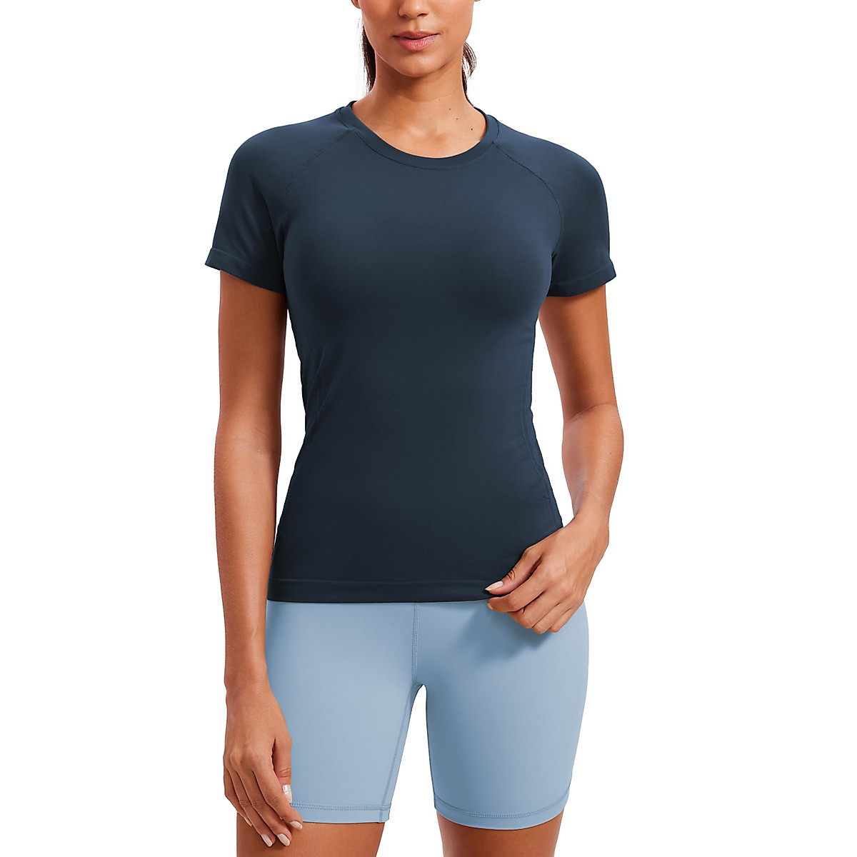 CRZ YOGA Seamless Workout Tops for Women Short Sleeve Athletic Tees Breathable Gym Running Yoga Shirts Twilight Blue Medium