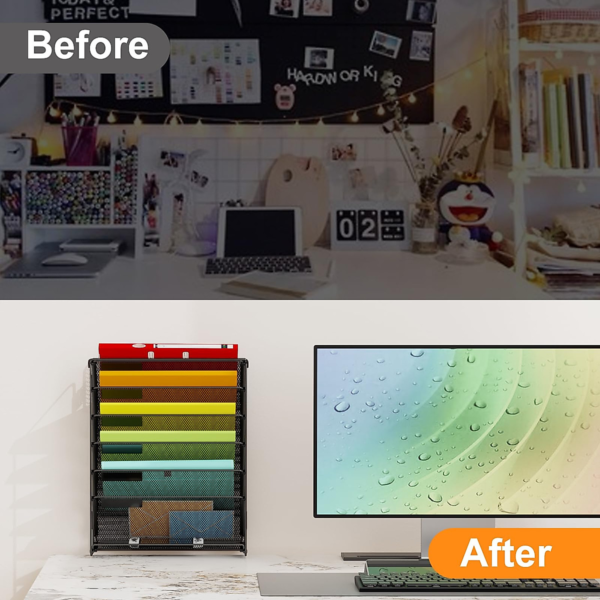 Kuntine.B 7-Tier Hanging File Organizer Vertical Wall File Organizer Wall File Holder, Mesh Magazine Rack Mail Document Organizer for Office School Home (Black, 1 Pack)