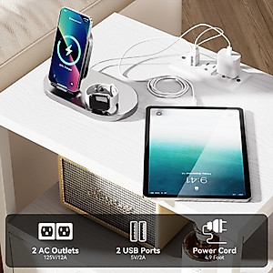 Furologee Nightstands Set of 2, End Tables Set of 2 with Charging Station and LED Lights, White Night Stands with 2 Fabric Drawers, Bedside Tables for Living Room/Bedroom