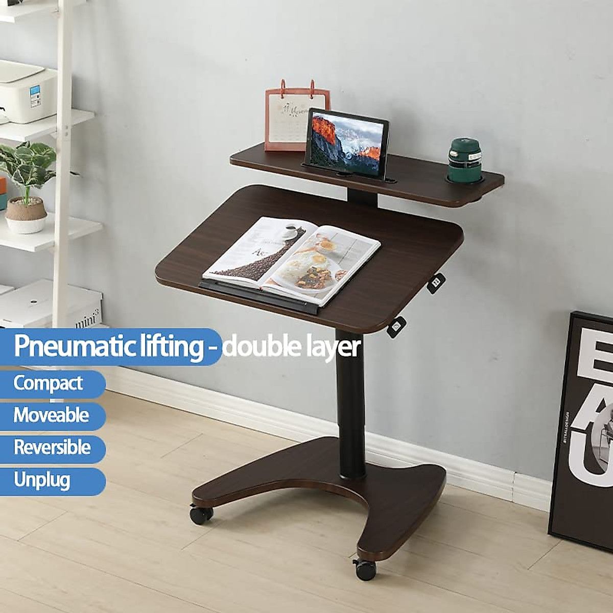 TORRAINAKE Dual Tiered Mobile Standing Desk with Cup Holder and Tilting Podium, Portable Sit Stand Lectern with Height Adjustments and Rolling Base for Small Spaces - Brown.