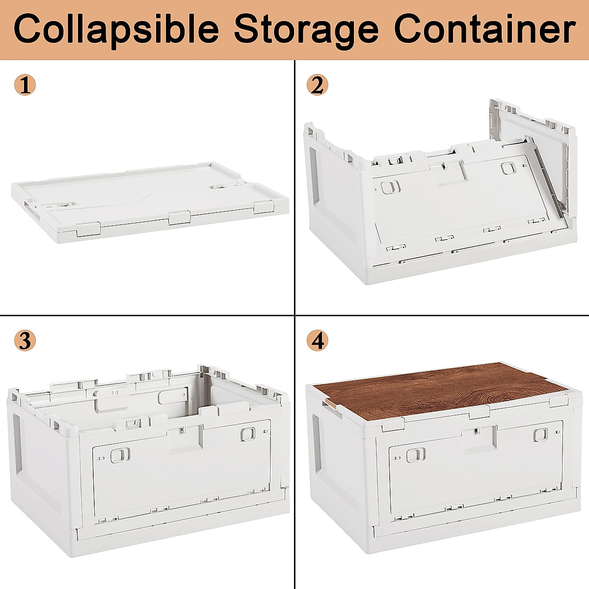 VECELO Collapsible Storage Bins with Lids, 55 Qt Large Foldable Plastic Box with Handles, Foldable Folding Camping Box with 2 Side Doors, Portable Storage Box for Camping, Outdoor/indoor, Beige