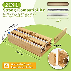 2 in 1 Wrap Dispenser with Cutter and Labels, Aluminum Foil and Plastic Wrap Organizer for Kitchen Drawer, Bamboo Roll Storage Organizer Holder for Cling Film and Tin Foil Wax Paper, Fits 12" Roll