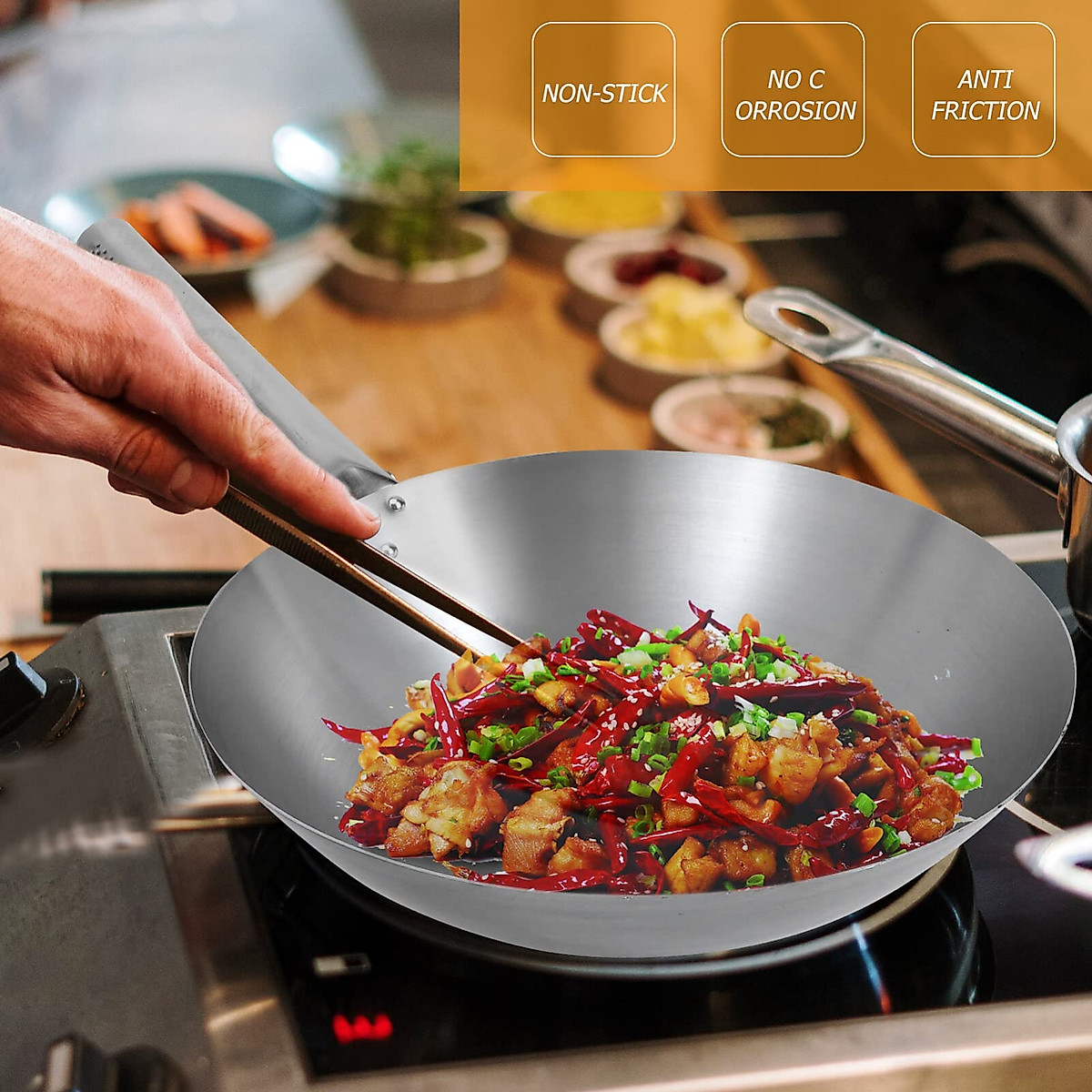 Kichvoe Round Bottom Carbon Steel Wok Pan，Carbon Steel Pow Wok，Wok And Stir Fry Pans For Home and Professional Cooking-12.5Inch