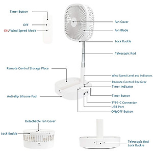 Portable Foldable Desk Table Fan, Pedestal Floor Fans with USB Rechargeable Battery Operated, Quiet Standing Fans for Home Bedroom Office Travelling Camping, White (Remote Control Included)