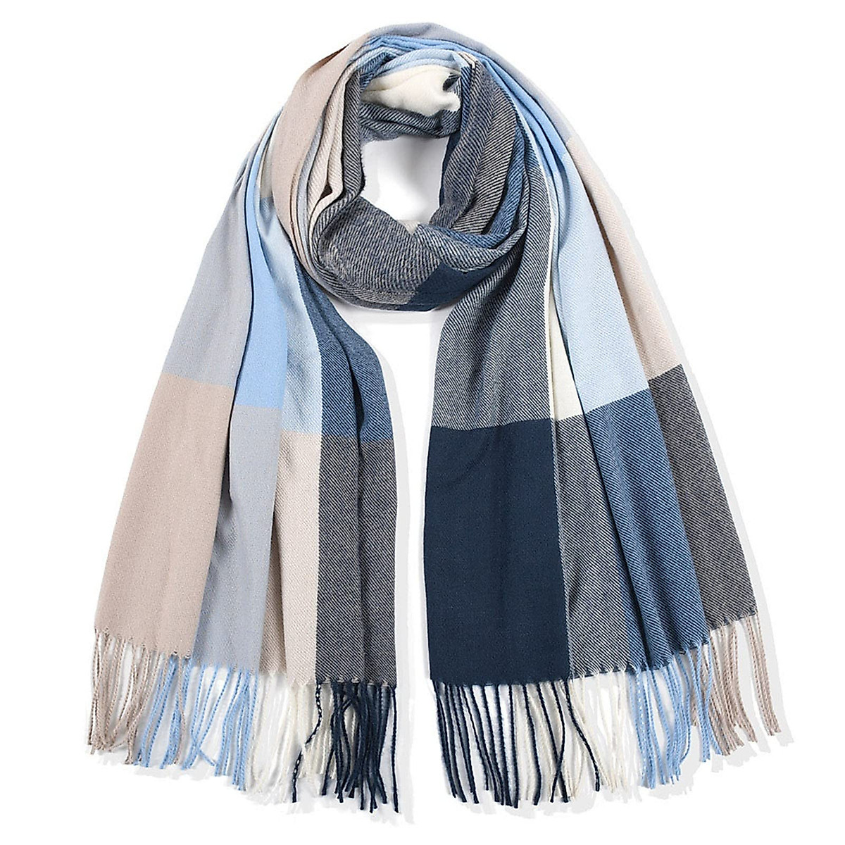 Fashion Women Men Winter Warm Scarves Color Block Tassel Scarf Soft Wraps Long Shawl (Blue, One Size)