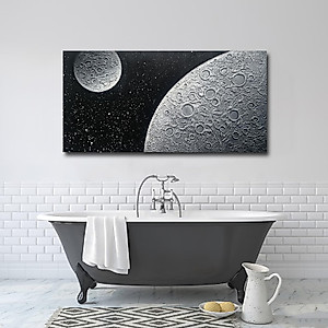 Landswaydecor Black and Grey Wall Art Moon Surface Canvas Oil Painting Home Decor Hand Painted Modern Textured 3D Artwork for Bedroom Living Room