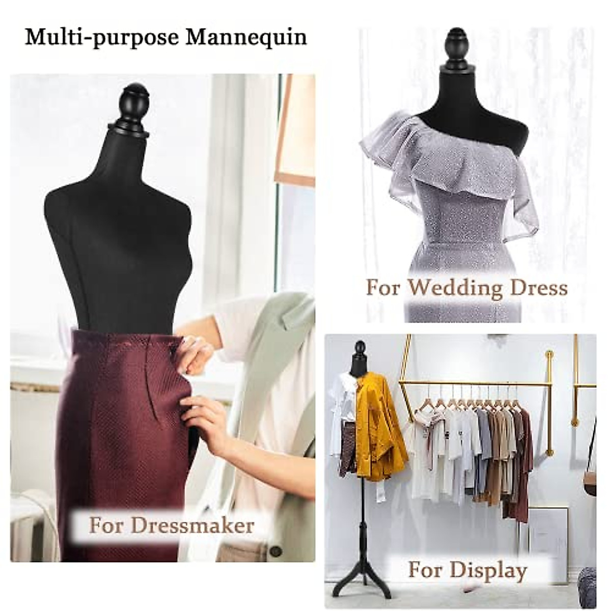 Dress Form Mannequin Torso, Female Sewing Bust Manikin Body, Pinnable Dressmaker Form with Stand for Display, Clothing Design, Black