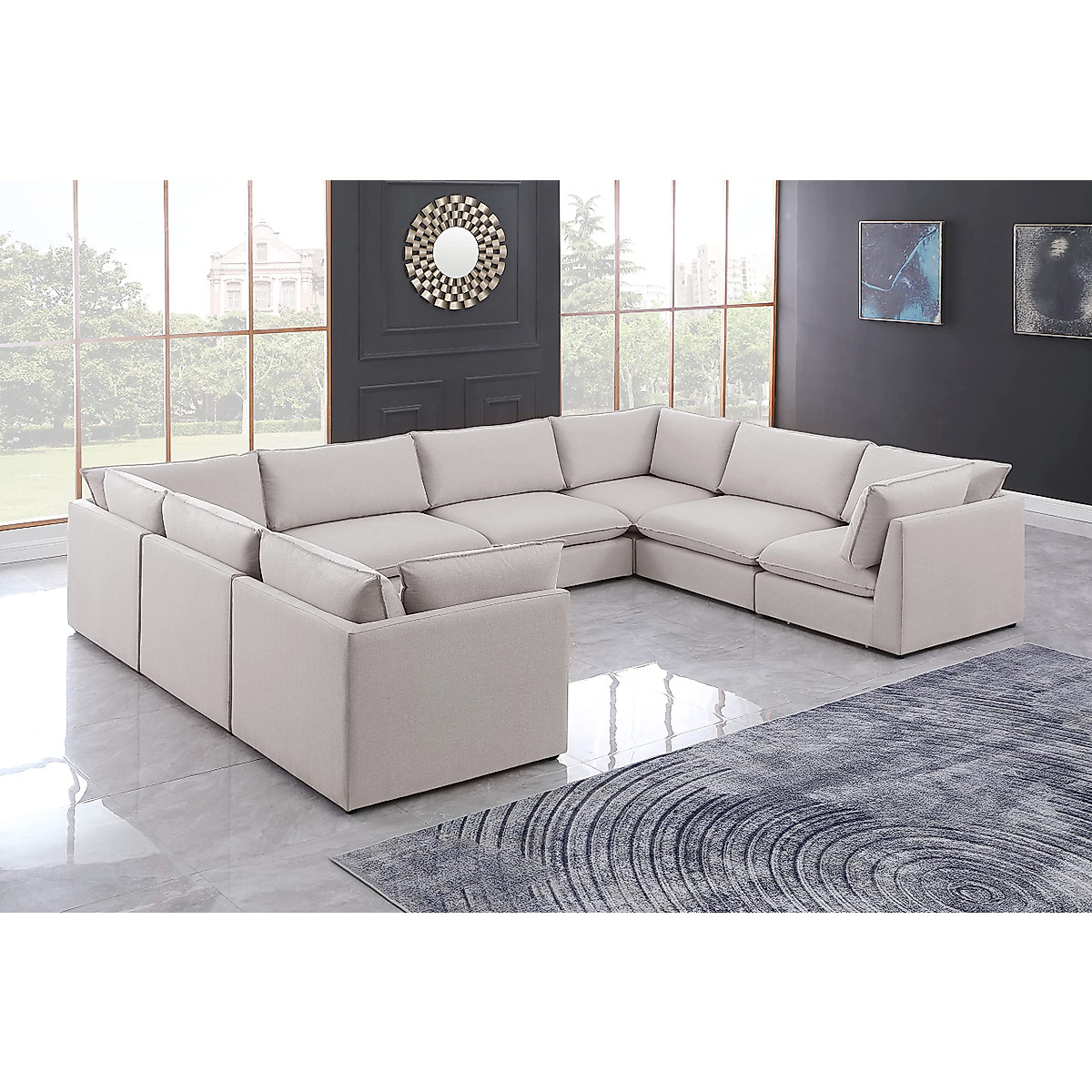 Meridian Furniture 688Beige-Sec8A Mackenzie Collection Modern | Contemporary Linen Textured Upholstered Modular Sectional, Beige, 160" W x 120" D x 35" H