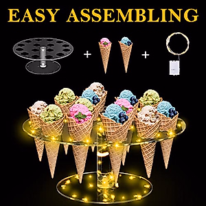 2 Pack LED Ice Cream Cone Holder with Lights 16 Holes Acrylic Ice Cream Cone Display Stand Waffle Cupcake Sugar Cone Cotton Candy Cones Display Rack for Birthday Weddings Parties Anniversaries