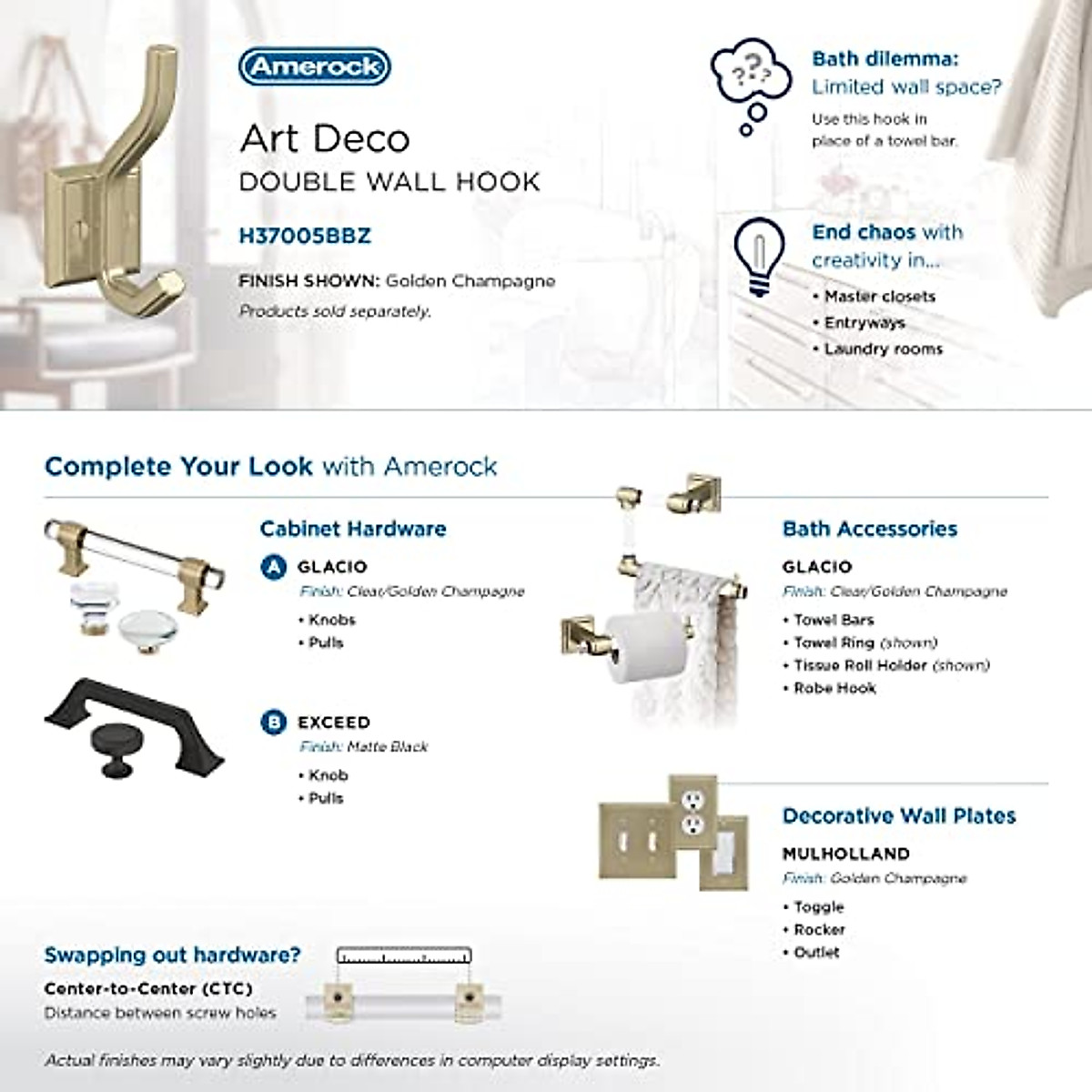 Amerock H37005BBZ | Aliso Double Prong Decorative Wall Hook | Golden Champagne Hook for Coats, Hats, Backpacks, Bags | Hooks for Bathroom, Bedroom, Closet, Entryway, Laundry Room, Office